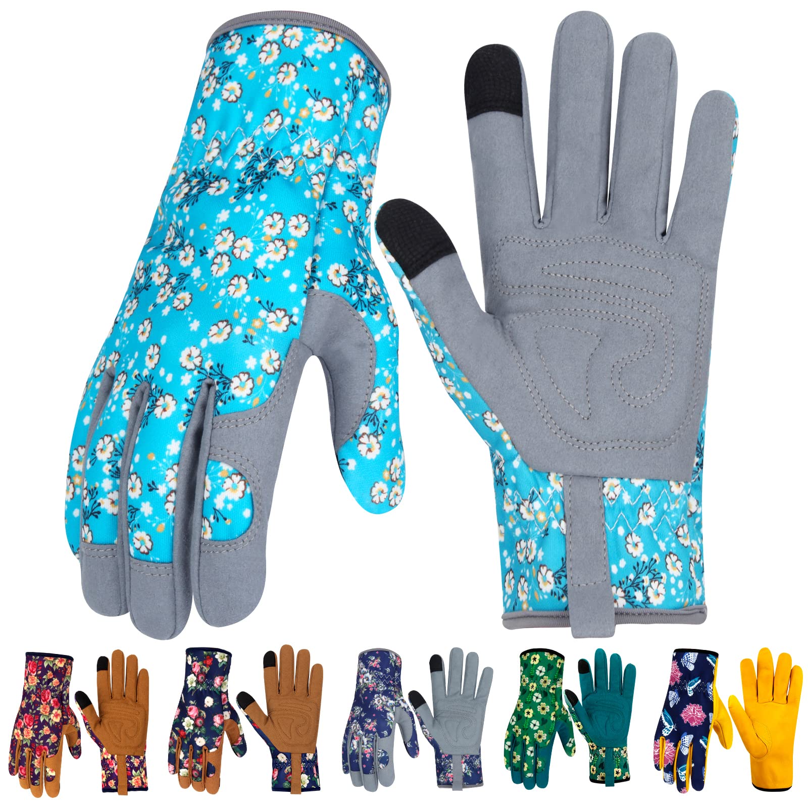 MERTURN Leather Gardening Gloves for Women Unique Floral Print Garden Gloves Touch Screen Design Yard Working Gloves Thorn Proof Gardening Gloves Weeding Tools Garden Gift for Gardener
