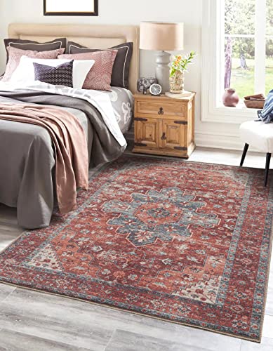Adiva Rugs Machine Washable Area Rug with Non Slip Backing for Living Room, Bedroom, Bathroom, Kitchen, Printed Persian Vintage Home Decor, Floor Decoration Carpet Mat (Terra, 3' x 5')