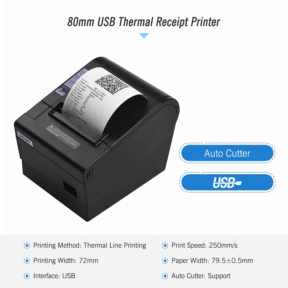 Jabey Thermal Printer,80mm USB Thermal Receipt POS Printer Auto Cutter High Speed Printer Clear Printing Compatible with ESC/POS Print Commands for Supermarket Store Home Business
