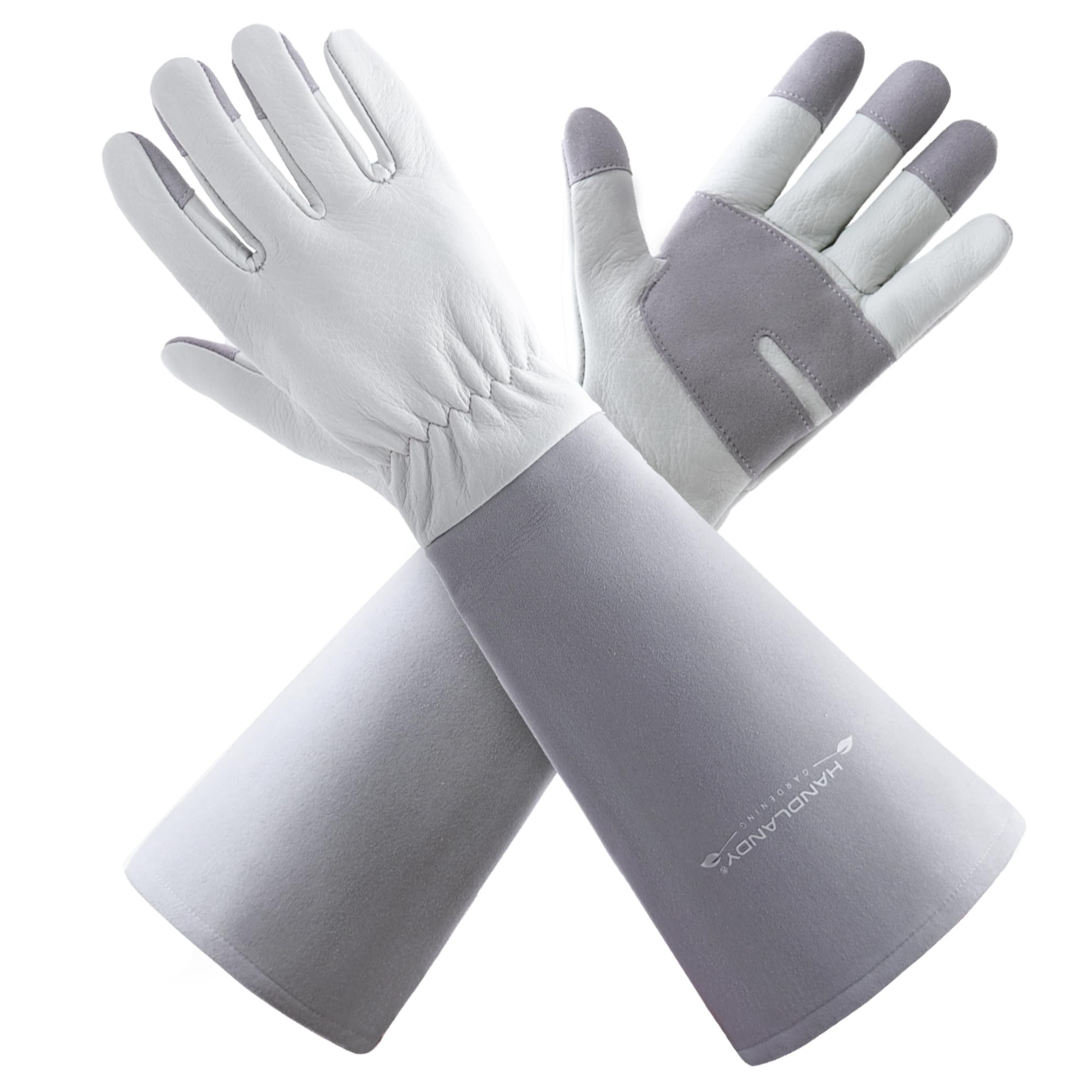 HLDD HANDLANDY Gardening Gloves for Women & Men, Leather Long Sleeve Rose Pruning Gloves, Thorn Proof Garden Work Gauntlet Animal Handling Gloves (Small, Gray)
