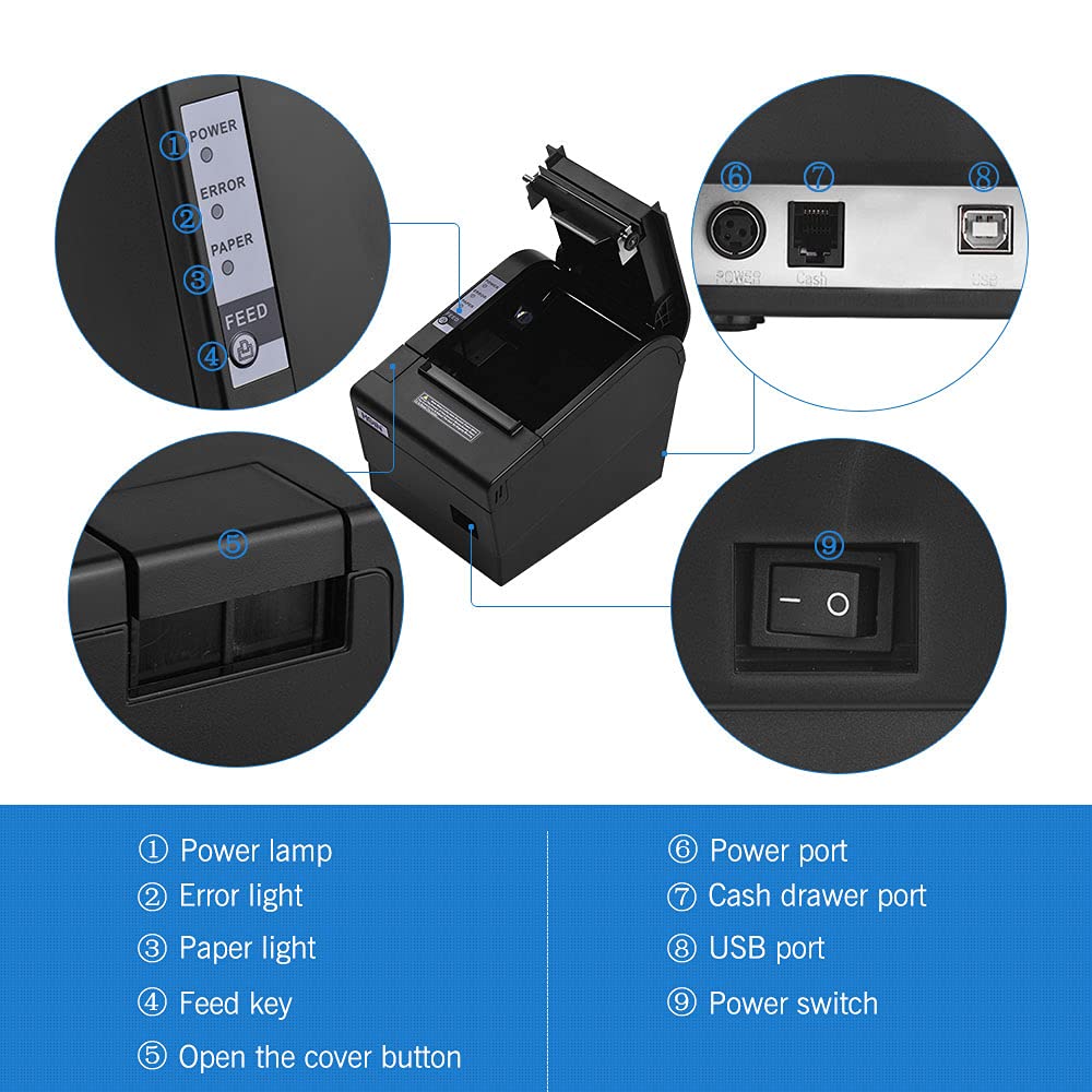 Jabey Thermal Printer,80mm USB Thermal Receipt POS Printer Auto Cutter High Speed Printer Clear Printing Compatible with ESC/POS Print Commands for Supermarket Store Home Business