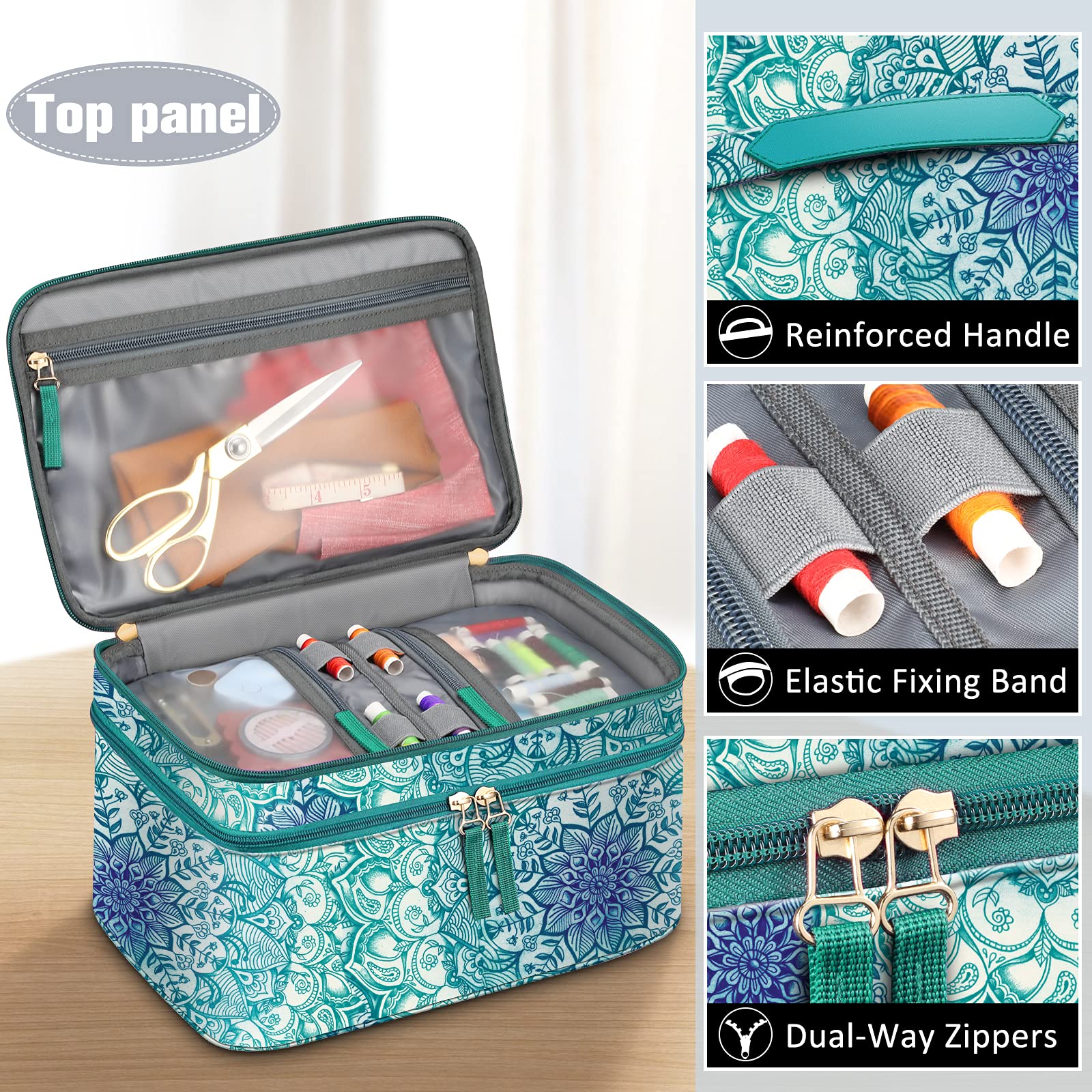 FINPAC Sewing Accessories Storage and Organizer Case, Double-Layer Sewing Kits Carrying Bag with Wrist Pin Cushion for Threads, Needles, Embroidery Floss Supplies, Felting Kits (Emerald Illusions)