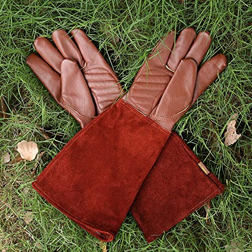 Alomidds Gardening Gloves for Women/Men Rose Pruning Thorn & Cut Proof Long Elbow Durable Cowhide Leather Gardening Gloves for Pruning Cacti Rose and Thorny Bushes (M, BROWN)