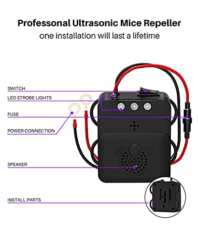 Under Hood Rodent Repeller, Professional Mouse Repellent, Ultrasonic 12V Car Pest Repeller Squirrels, Pack Rat Deterrent for Cars Trucks RV Engine Bay Warehouse Attic with Evictor Strobe Light 2 Pack