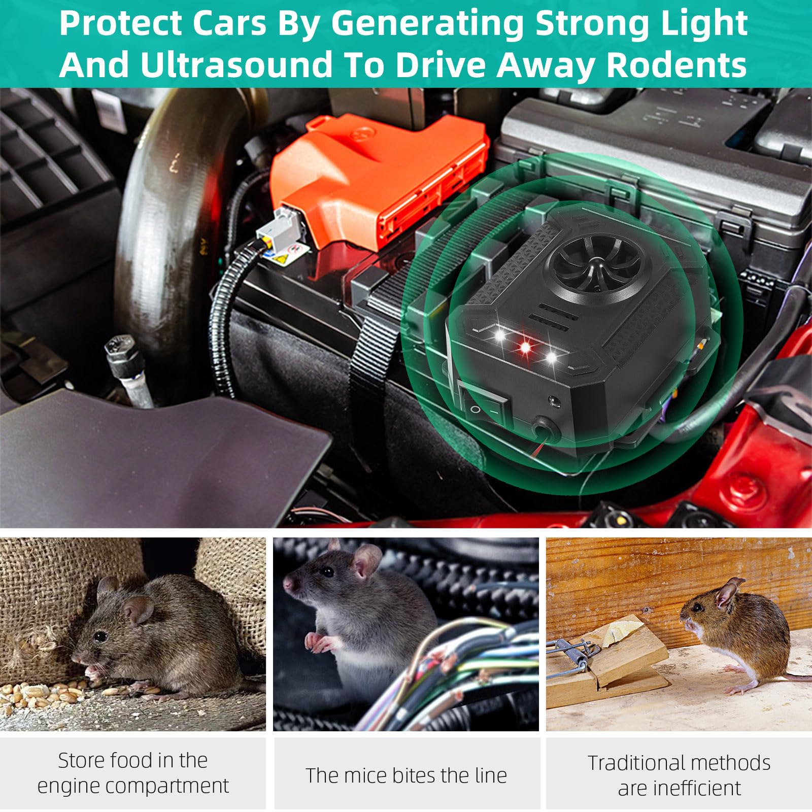 2024 Upgraded Rodent Repellent Ultrasonic Under Hood 2 Pack Mouse Repellent with Strobe Light Keep Mouse Rodents Squirrel Rat Mice Out of Car Engine Truck RV Rodent Deterrent for Vehicle Protection