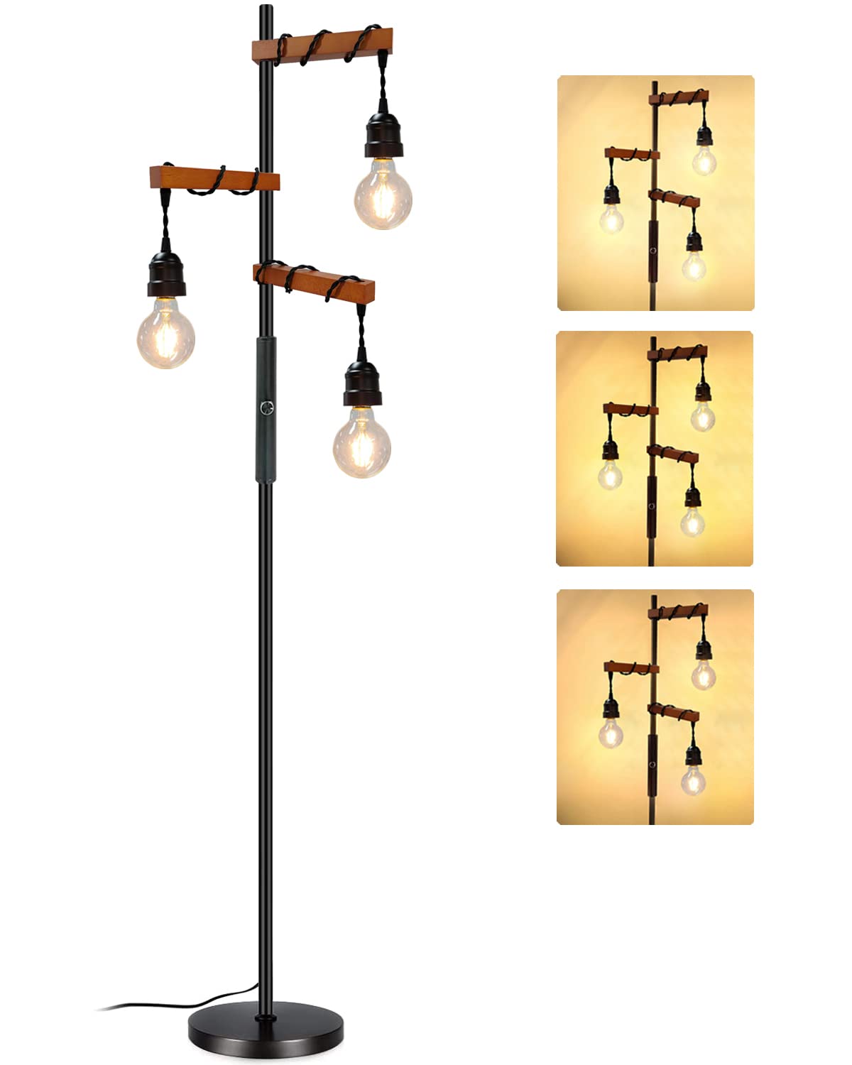 Assemer Dimmable Farmhouse Floor Lamp,Industrial Vintage Tall Tree Lamp with 3 x 800lm LED Edison Bulbs,Standing Lamps for Living Room Bedroom
