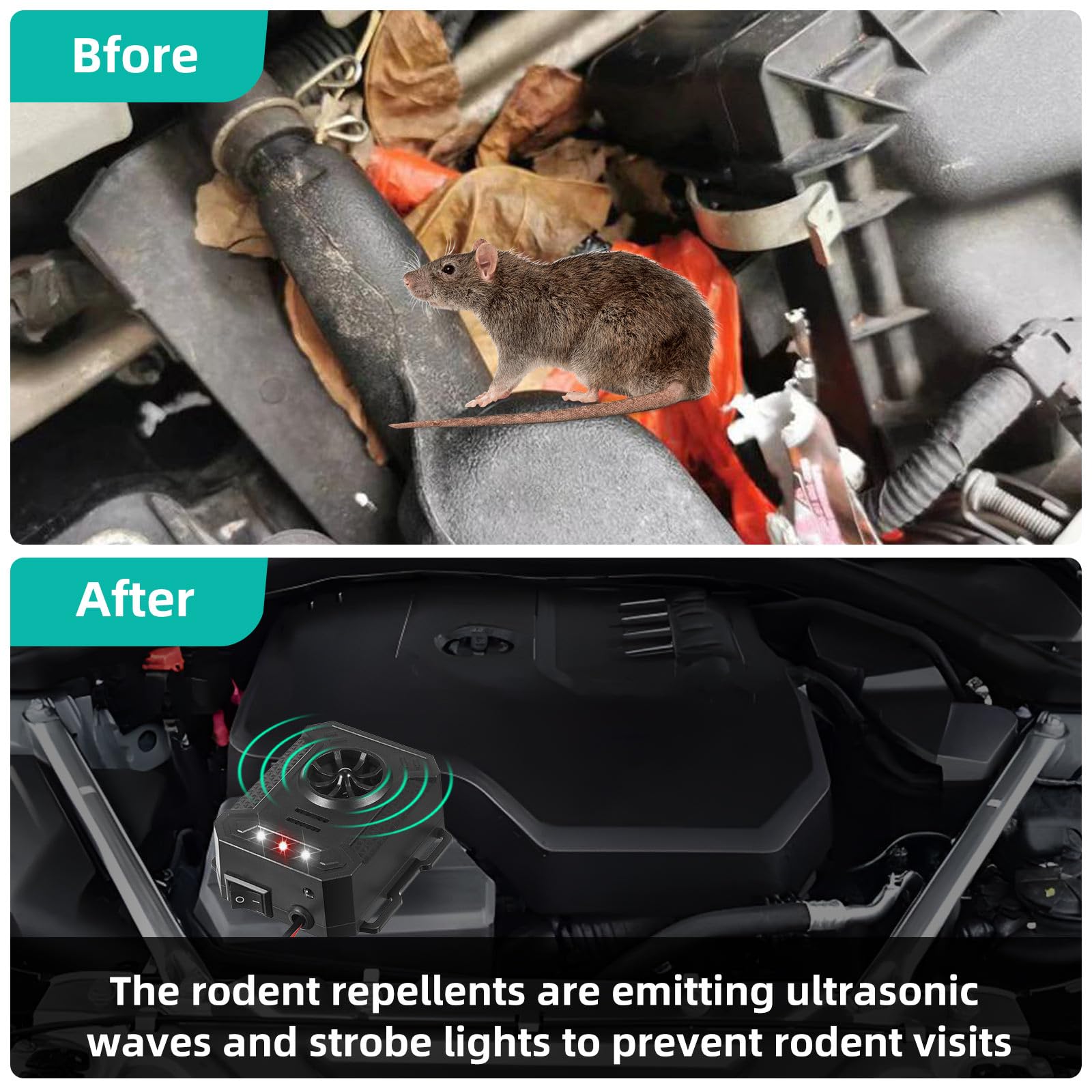 2024 Upgraded Rodent Repellent Ultrasonic Under Hood 2 Pack Mouse Repellent with Strobe Light Keep Mouse Rodents Squirrel Rat Mice Out of Car Engine Truck RV Rodent Deterrent for Vehicle Protection