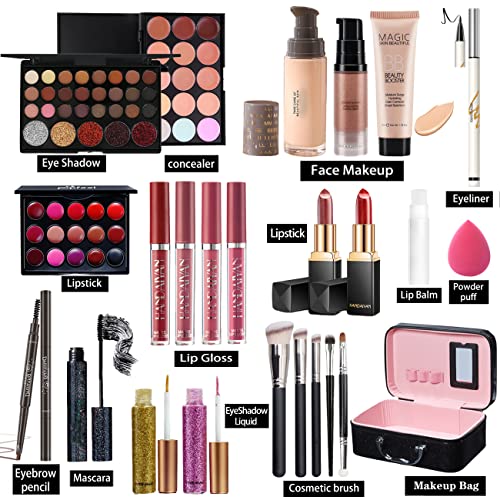 All in One Makeup Set Holiday Gift Box Essential Starter Bundle Include Eyeshadow Concealer Lipstick Lip Gloss Mascara Eyeliner Eyebrow Pencil Lip Balm Face Powder - Full Makeup Kit for Women