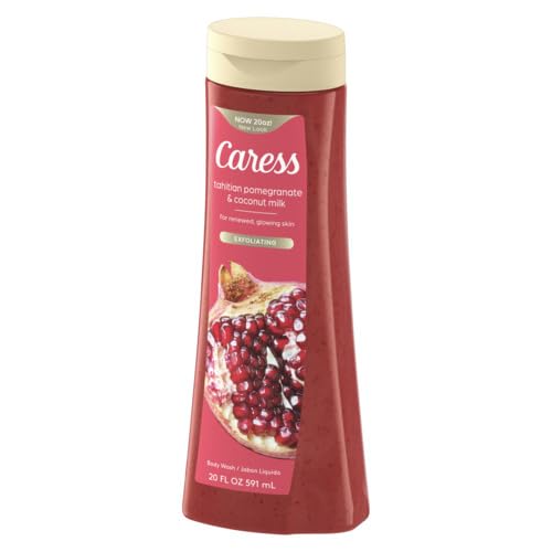 Caress Body Wash for Women, Tahitian Pomegranate & Coconut Milk, Exfoliating Shower Gel for Renewed, Glowing Skin, 20 fl oz, 4 Pack