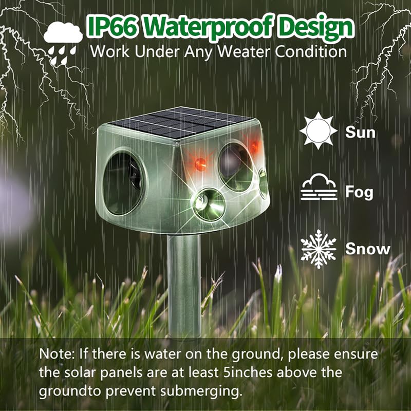 Ultrasonic Solar Animal Repeller for Yard, 6 Modes Outdoor Animal Repellent with PIR Motion Sensor & Flashing Light, Animals Deterrent for Squirrel Bird Deer Cat Skunk Dog for Yard Garden