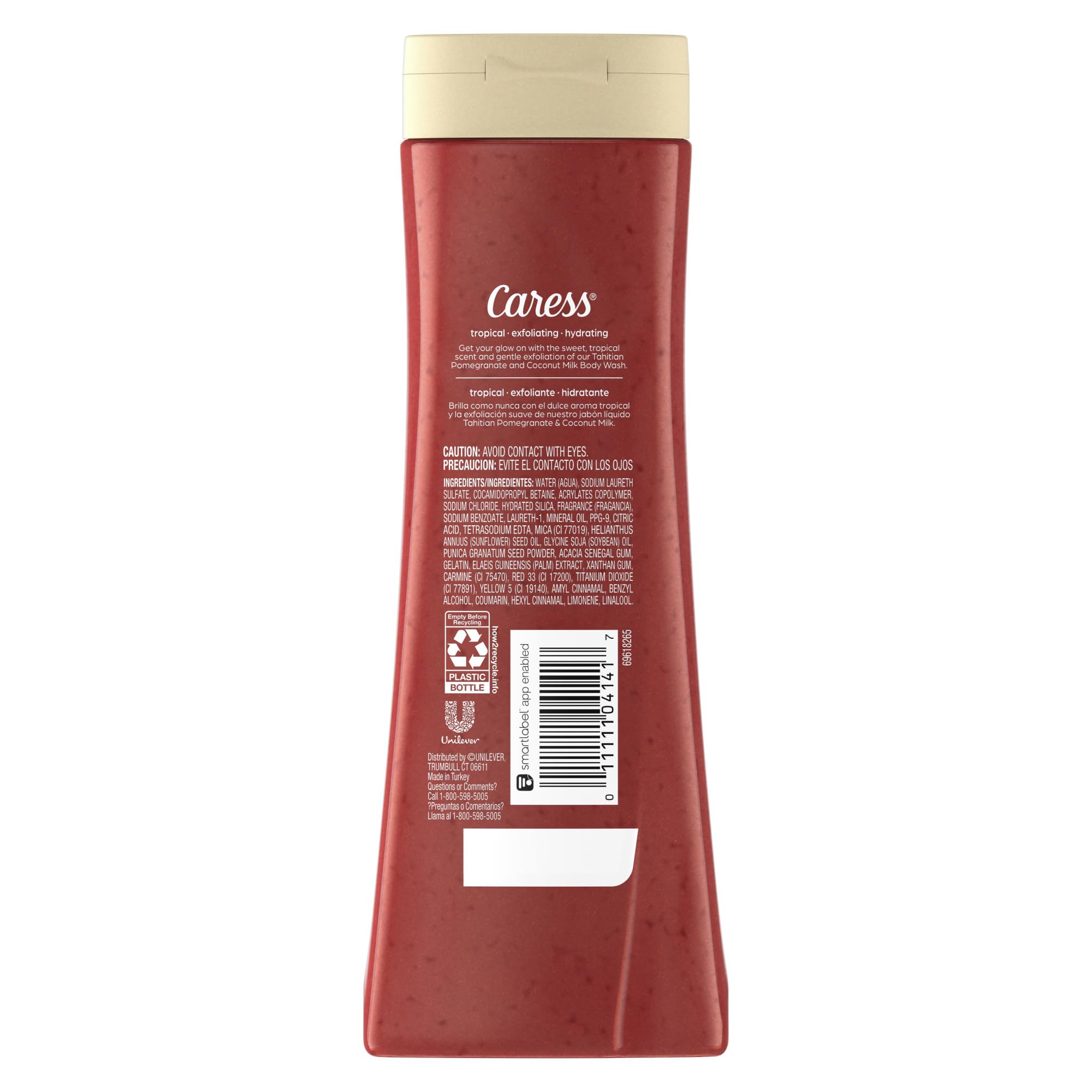 Caress Body Wash for Women, Tahitian Pomegranate & Coconut Milk, Exfoliating Shower Gel for Renewed, Glowing Skin, 20 fl oz, 4 Pack