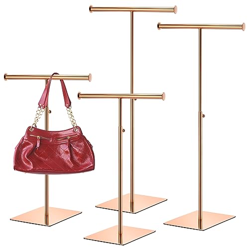 Leinuosen 4 Pcs Tabletop Purse Display Stand T Shaped Adjustable Height Purse Hanger Rack Stand Handbag Holder(Rose Gold)