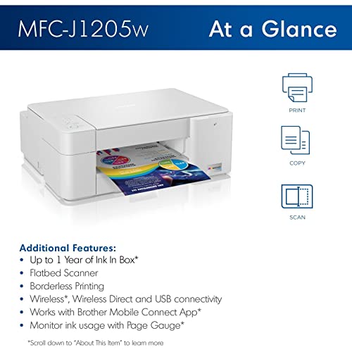 Brother MFC-J1205W INKvestment-Tank Wireless Multi-Function Color Inkjet Printer with Up to 1-Year in Box,white