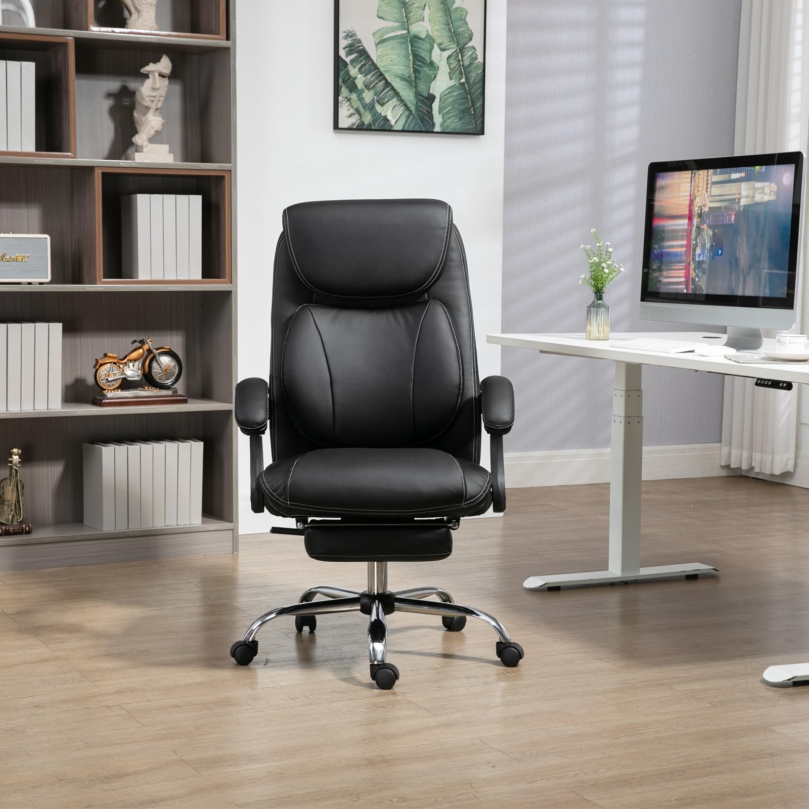 Massage Office Chair, Reclining Office Chair with Footrest, High-Back Massaging Office Chair, PU Leather Executive Swivel Computer Desk Chair with Height and Armrest Adjustable, 280 lb Capacity, Black