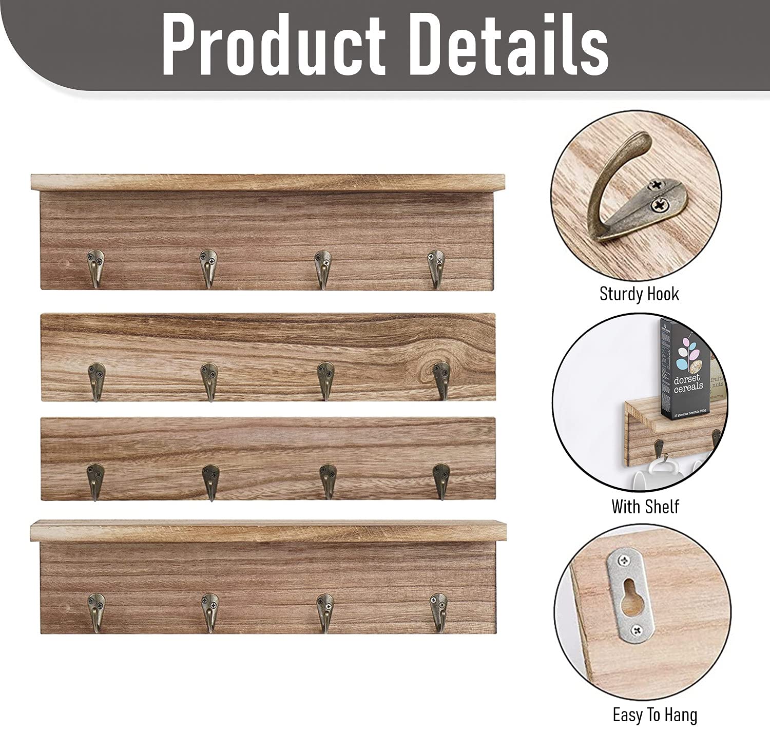 TRSPCWR Coffee Mug Rack with Storage Shelf, Rustic Wood Coffee Mug Holder Wall Mounted with 16 Hooks, Coffee Cup Holder for Mugs Tea Cups Display and Organizer, Set of 4