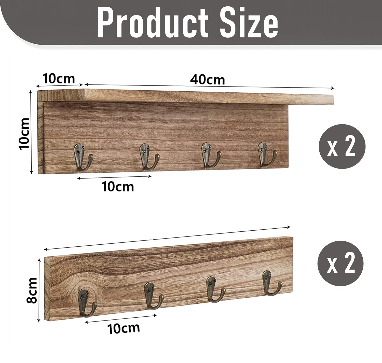 TRSPCWR Coffee Mug Rack with Storage Shelf, Rustic Wood Coffee Mug Holder Wall Mounted with 16 Hooks, Coffee Cup Holder for Mugs Tea Cups Display and Organizer, Set of 4