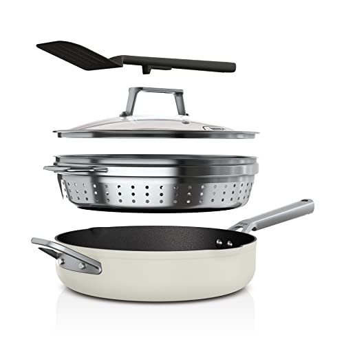 Ninja CW102WH Foodi NeverStick PossiblePan, Premium Set with 4-Quart Capacity Pan, Steamer/Strainer Basket, Glass Lid & Integrated Spatula, Nonstick, Durable & Oven Safe to 500ยฐF, Vanilla Bean