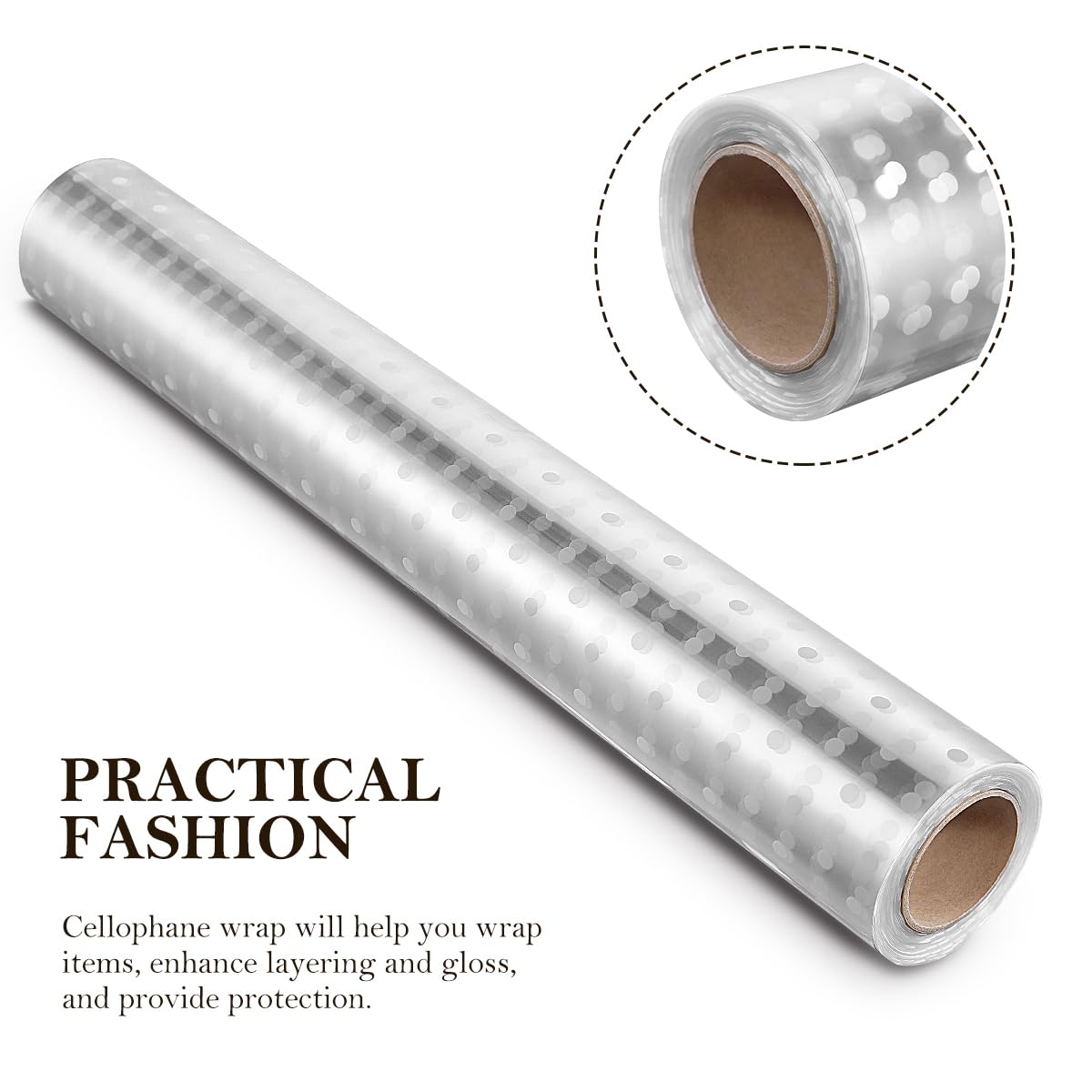 STOBOK Cellophane Wrap Roll,White Dot Florist Paper Wrapper 15.7 inch x100 Ft Crystal Long Film Gift Wrappings Packing Paper for Flowers Craft Basket Bouquet Fruit Food