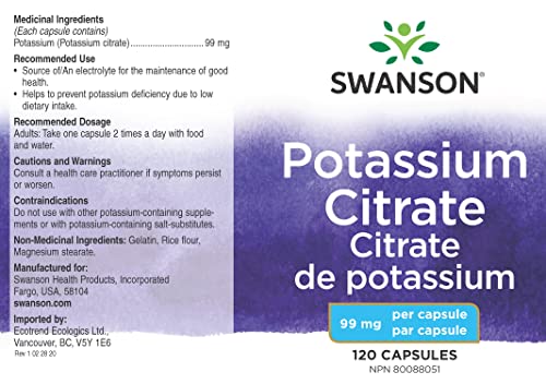 Swanson Potassium Citrate - Mineral Supplement Promoting Heart Health & Energy Support - Aids Optimal Nerve & Kidney Function with Natural Ingredients - (120 Capsules, 99mg Each)
