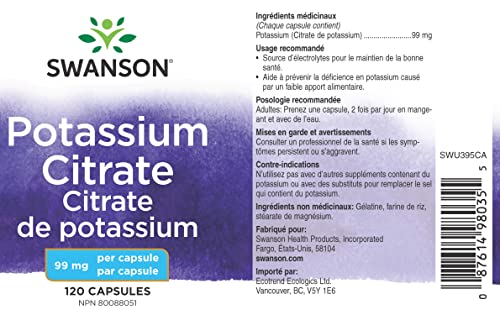 Swanson Potassium Citrate - Mineral Supplement Promoting Heart Health & Energy Support - Aids Optimal Nerve & Kidney Function with Natural Ingredients - (120 Capsules, 99mg Each)