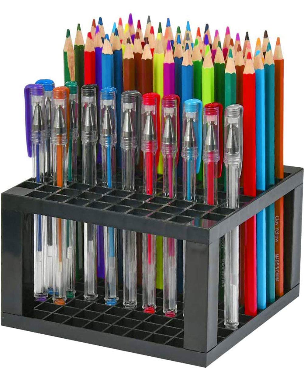 96 Hole Pencil & Brush Holders, 2 Pack Multi Bin Plastic Desk Stand Organizer Holding Rack for Pens, Paint Brushes, Colored Pencils, Gel Pens, Markers and Modeling Tools, Storage & Organizing Crate