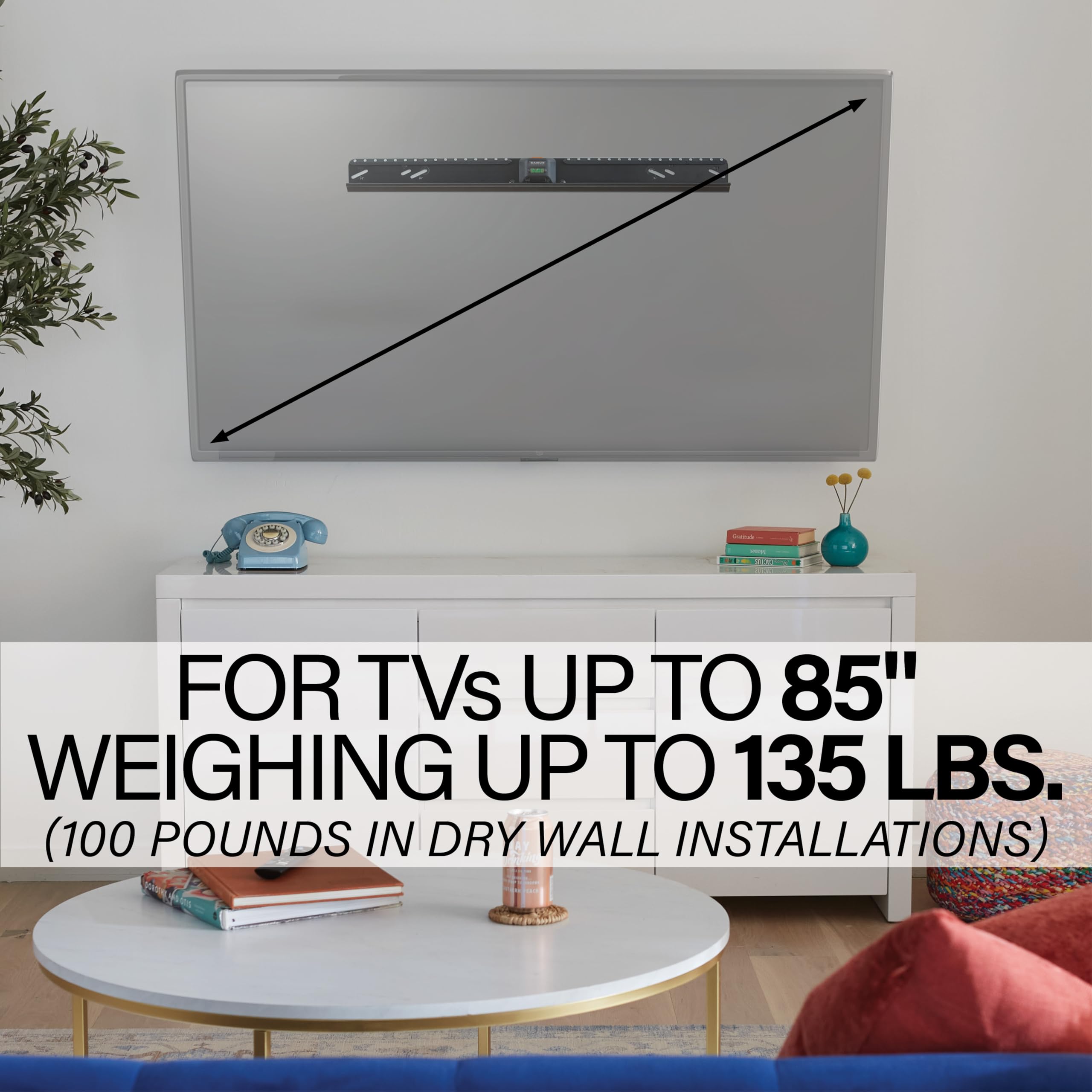 All-New, Made for Amazon No Drill No Stud TV Wall Mount for 32-85” TVs up to 100lbs, Compatible with Amazon Fire TVs