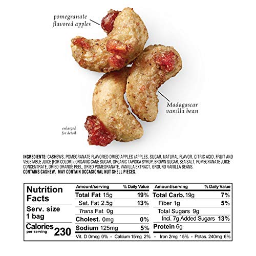 Sahale Snacks Pomegranate Vanilla Cashews, 1.5 oz Bags (18 Packs) - Dry-Roasted Deluxe Mixed Nuts with Pomegranate Infused Apples & Madagascar Vanilla - Non-GMO, Kosher, & Certified Gluten-Free Snacks