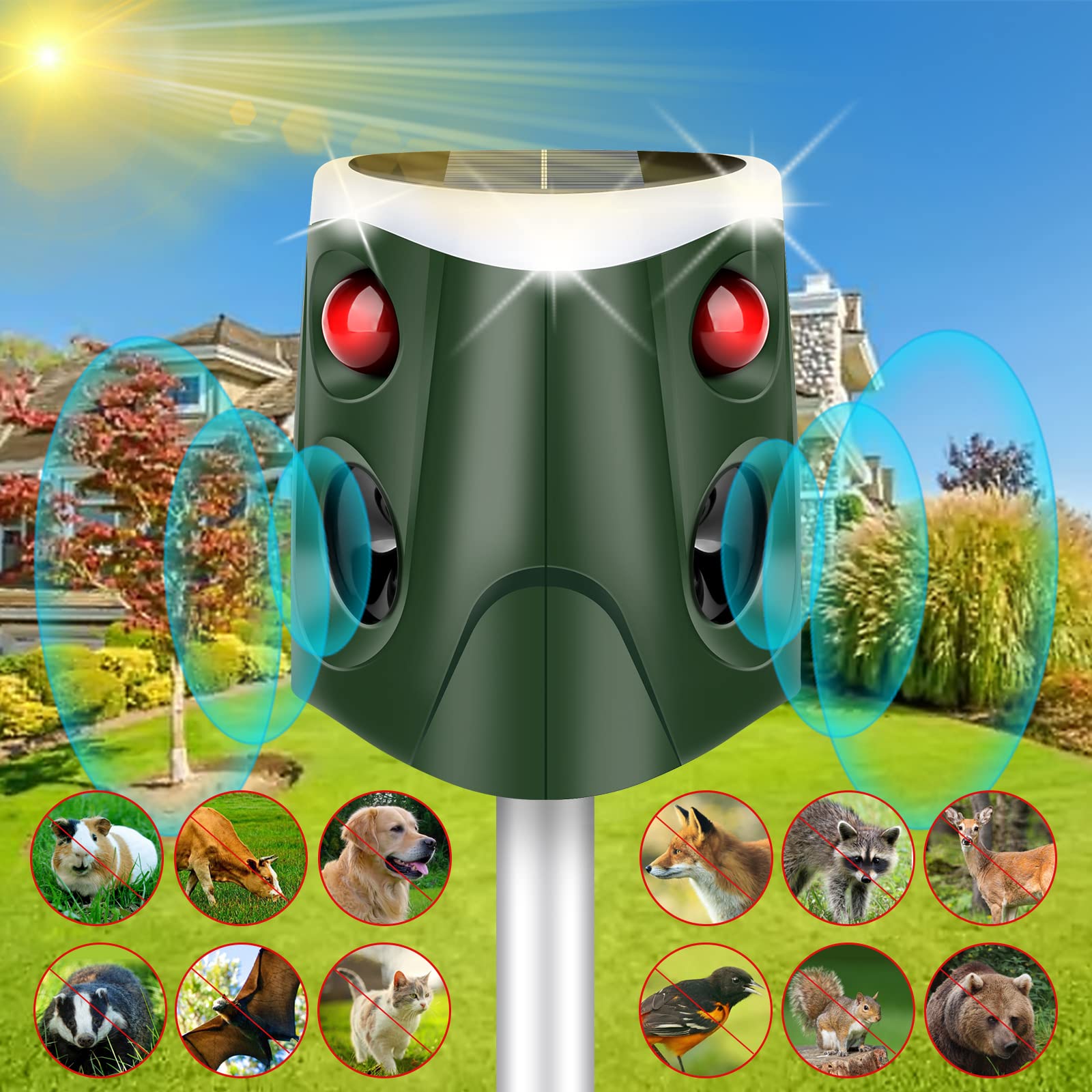 Solar Ultrasonic Animal Repeller, Outdoor 360° Animal Deterrent Solar Dog Chaser, Ultrasonic Solar Powered Animal Repeller Waterproof Animal Repeller Protect Farm for Dog, Cat, Bird, Rabbit, Raccoon