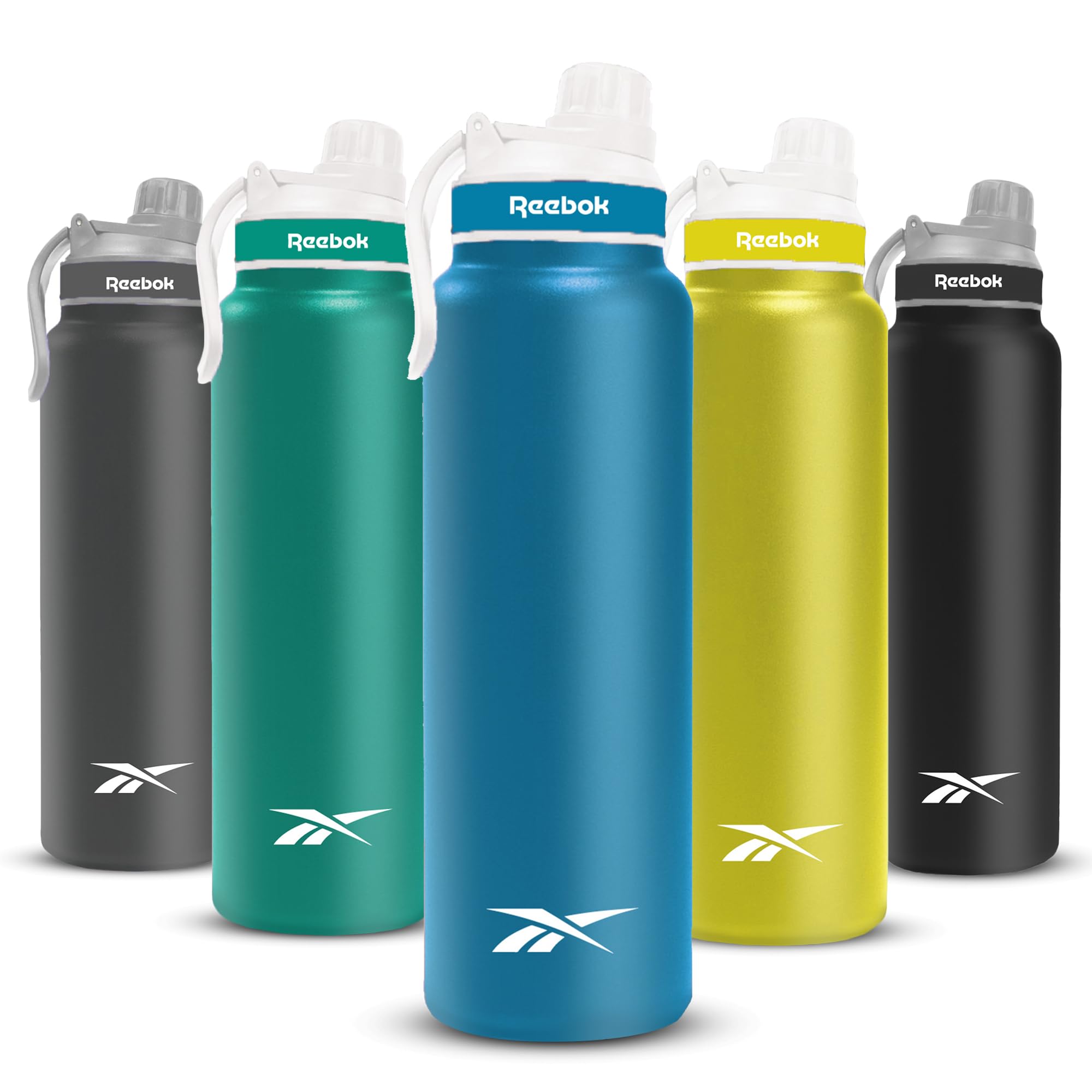 Reebok Stainless Steel Water Bottle With Athletic Design - Insulated Water Bottle 32 oz With Chug Lid - Double Wall Vacuum Insulated Sports Water Bottle, BPA Free (Blue)
