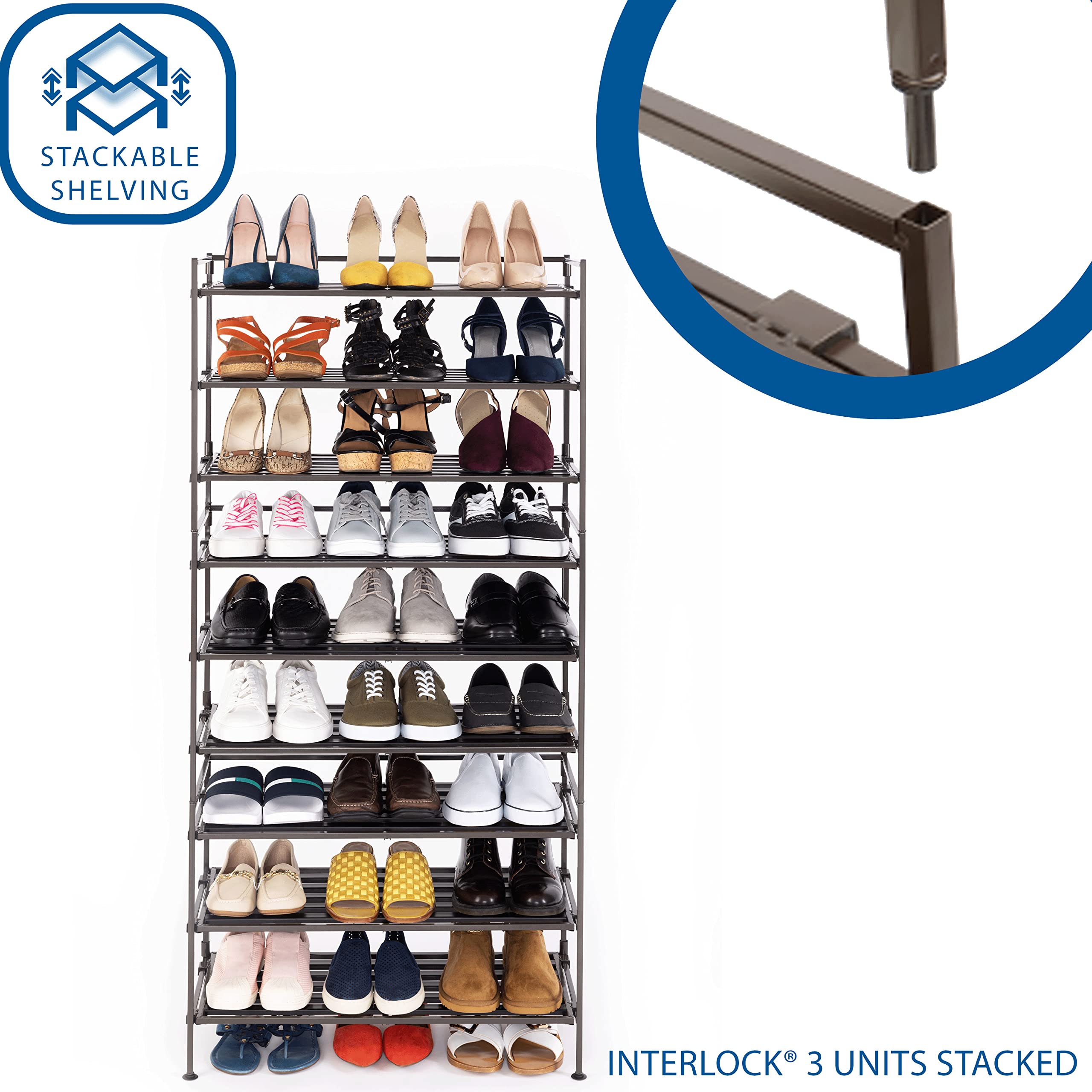 Seville Classics Sturdy Freestanding Storage Shelf for Bedroom, Closet, Entryway, Dorm Room Organizer Stackable Durable Metal Shoe Rack Espresso Slat, 3-Tier (NEW MODEL)