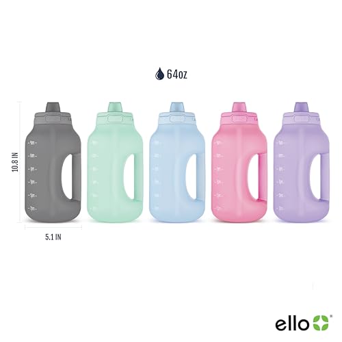Ello Hydra 64oz Half Gallon Water Jug with Handle and Motivational Time Markers for All Day Hydration, Plastic Reusable Water Bottle with Straw and Locking, Leak Proof Lid, BPA Free, Halogen Blue