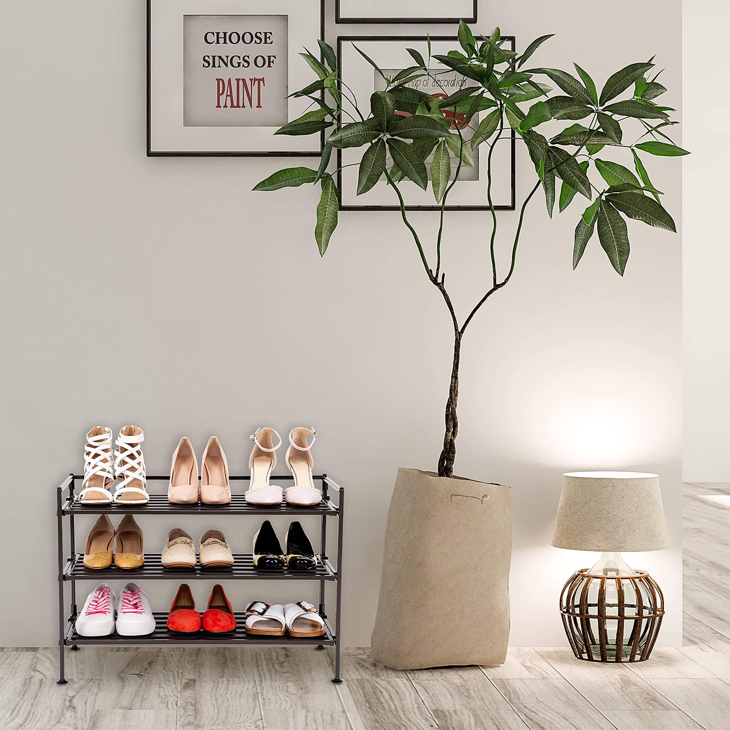Seville Classics Sturdy Freestanding Storage Shelf for Bedroom, Closet, Entryway, Dorm Room Organizer Stackable Durable Metal Shoe Rack Espresso Slat, 3-Tier (NEW MODEL)
