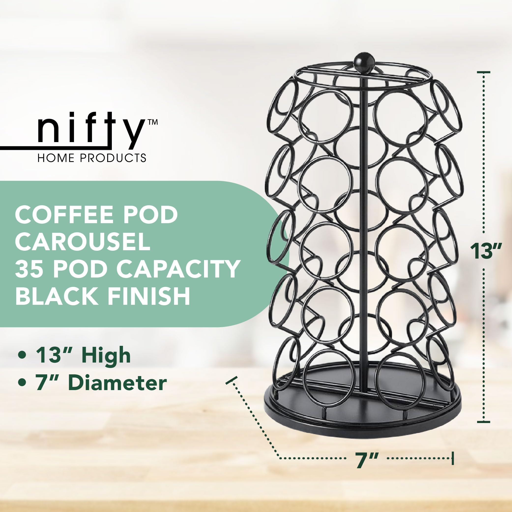 Nifty Coffee Pod Carousel – Compatible with K-Cups, 35 Pack Storage, Spins 360-Degrees, Lazy Susan Platform, Modern Black Design, Home or Office Kitchen Counter Organizer