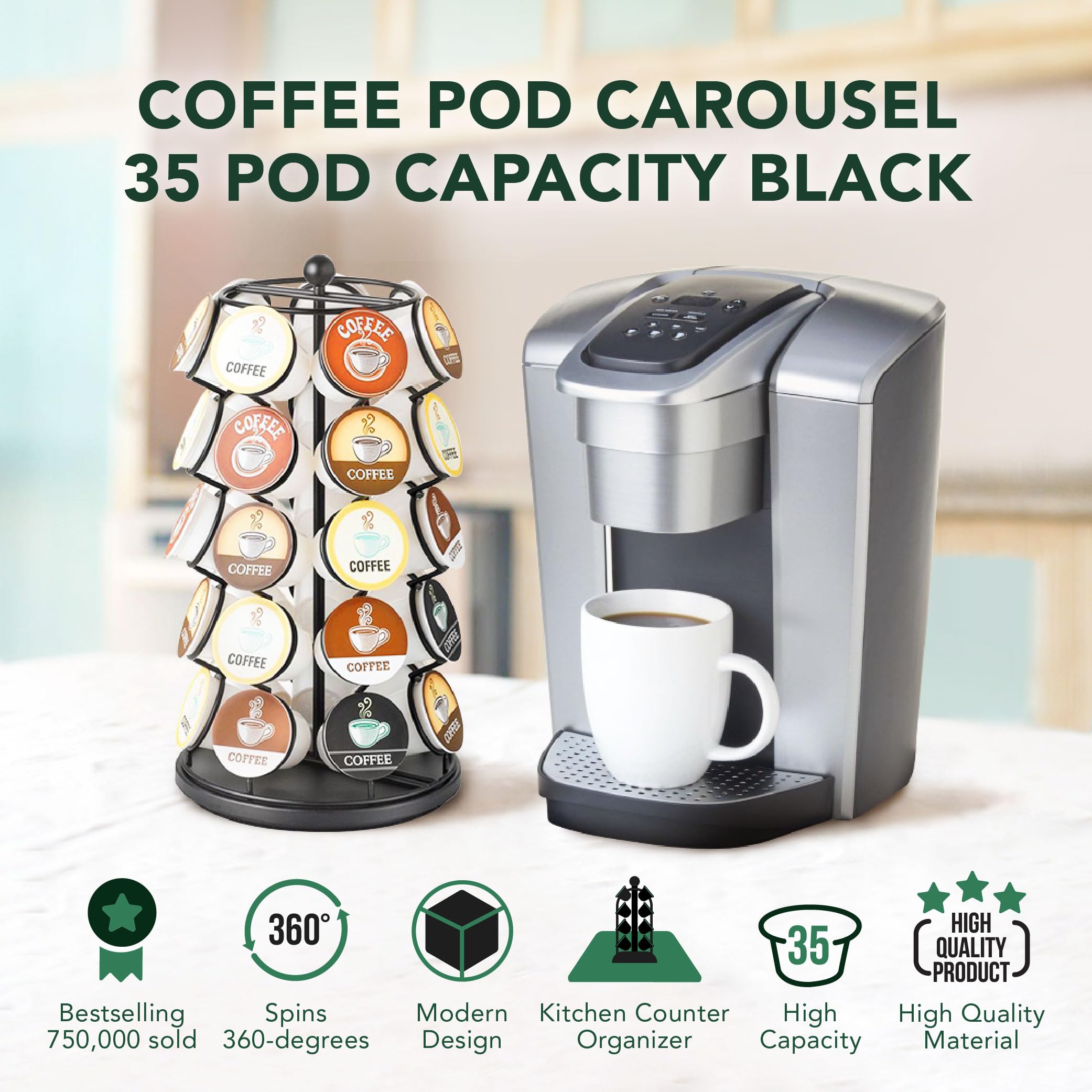 Nifty Coffee Pod Carousel – Compatible with K-Cups, 35 Pack Storage, Spins 360-Degrees, Lazy Susan Platform, Modern Black Design, Home or Office Kitchen Counter Organizer