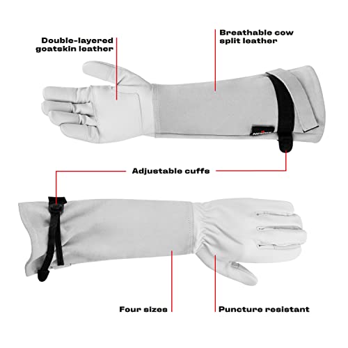 NoCry Leather Gardening Gloves with Improved Long, Adjustable Gauntlet Cuffs; Puncture Resistant with Reinforced Palms and Fingertips; Perfect for Rose Pruning, Size Medium, Grey