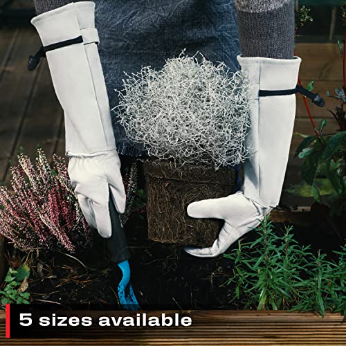 NoCry Leather Gardening Gloves with Improved Long, Adjustable Gauntlet Cuffs; Puncture Resistant with Reinforced Palms and Fingertips; Perfect for Rose Pruning, Size Medium, Grey