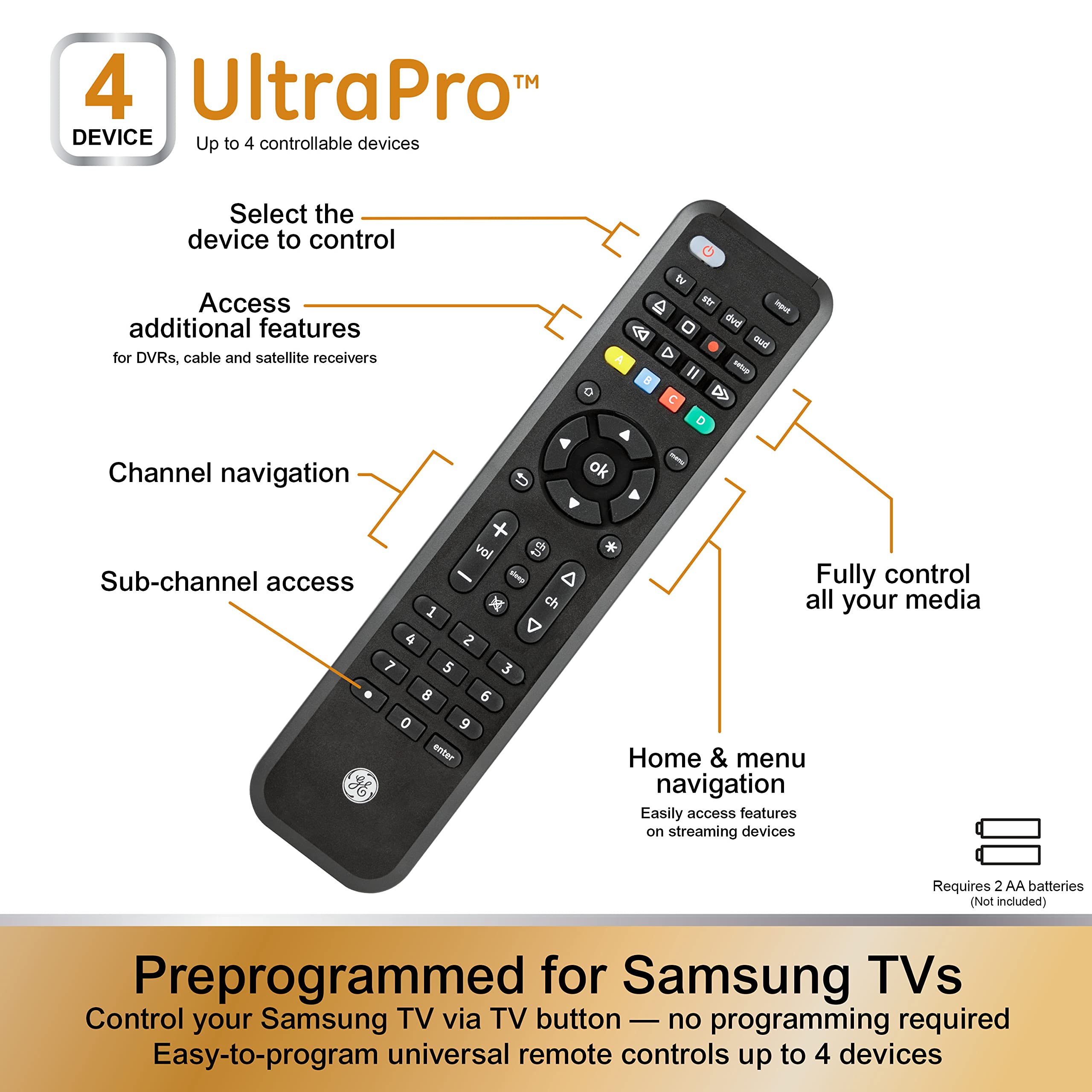 GE Universal Remote Control with Roku or Fire TV Streaming Remote Compartment, use with Samsung, Vizio, LG, Sony, Sharp, Apple TV, TCL, Smart TVs, Streaming Players, Blu-ray, DVD, 4-Device, 59046
