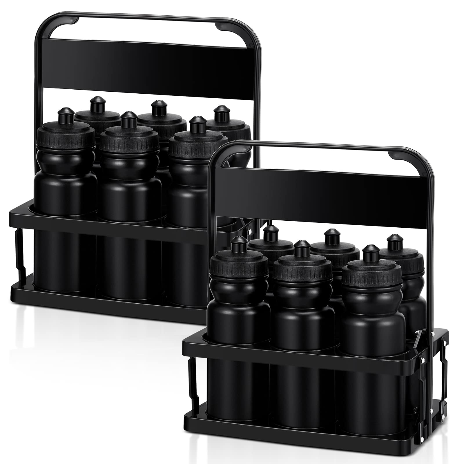 2 Pack Sports Water Bottle Carrier with 12 Team Water Bottles 20 oz Wide Mouth Water Bottles BPA Free Plastic Squeeze Water Bottles Major Sports Water Bottles for Fitness Bike Gym Camping (Black)