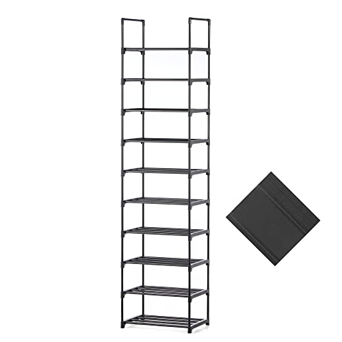 HODYANN 10 Tiers Shoe Rack, 20 Pairs Narrow Shoe Rack Organizer, Space Saving Non-Woven Fabric Metal Shoe Shelf, Stackable Large Shoe Rack for Closet (Black-N)