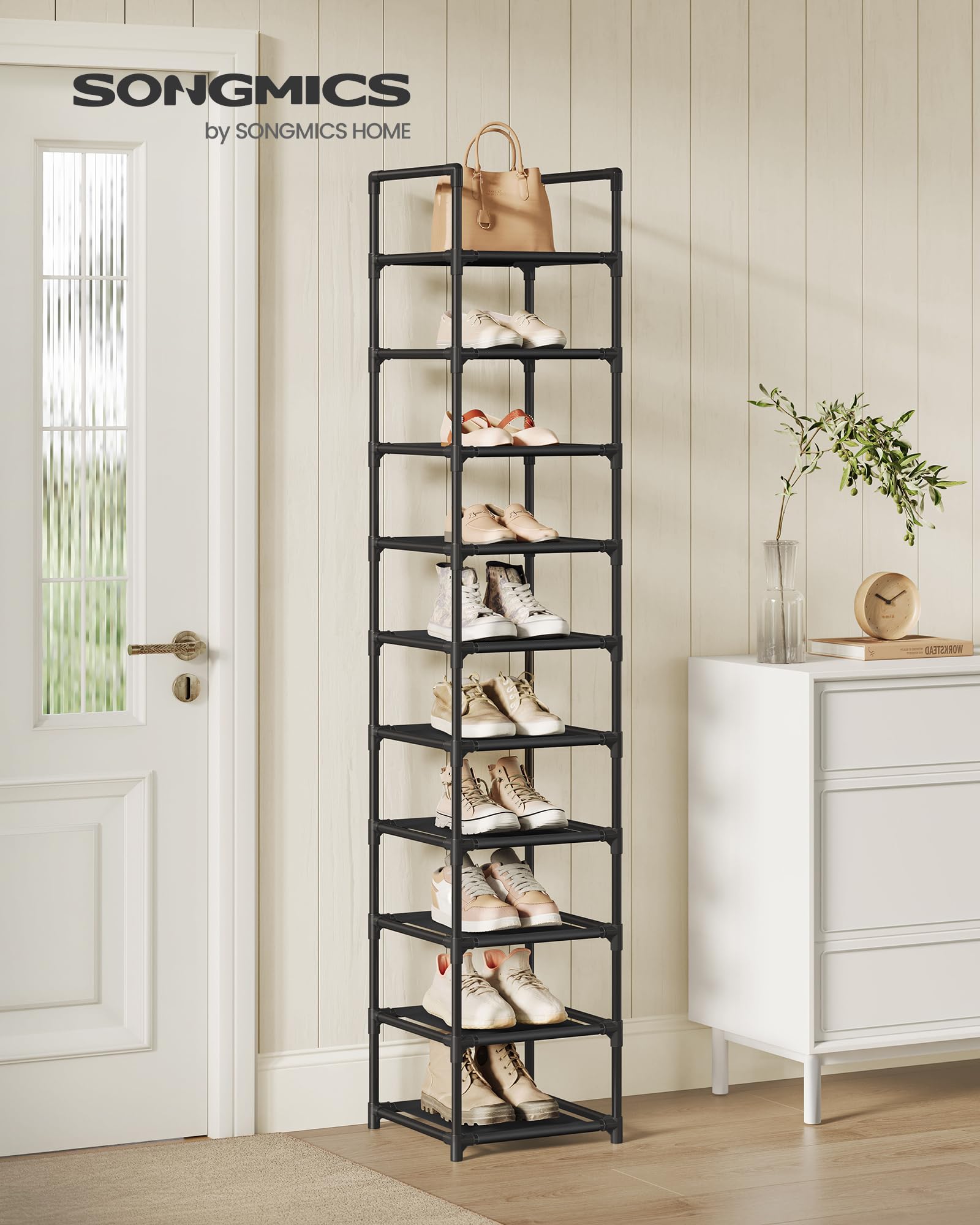 SONGMICS Shoe Rack, 10 Tier Shoe Shelf, Shoe Storage Organizer, Space-Saving, 13 x 13 x 68.1 Inches, Metal Frame, Non-Woven Fabric Shelves, for Entryway, Bedroom, Black ULSR110B02