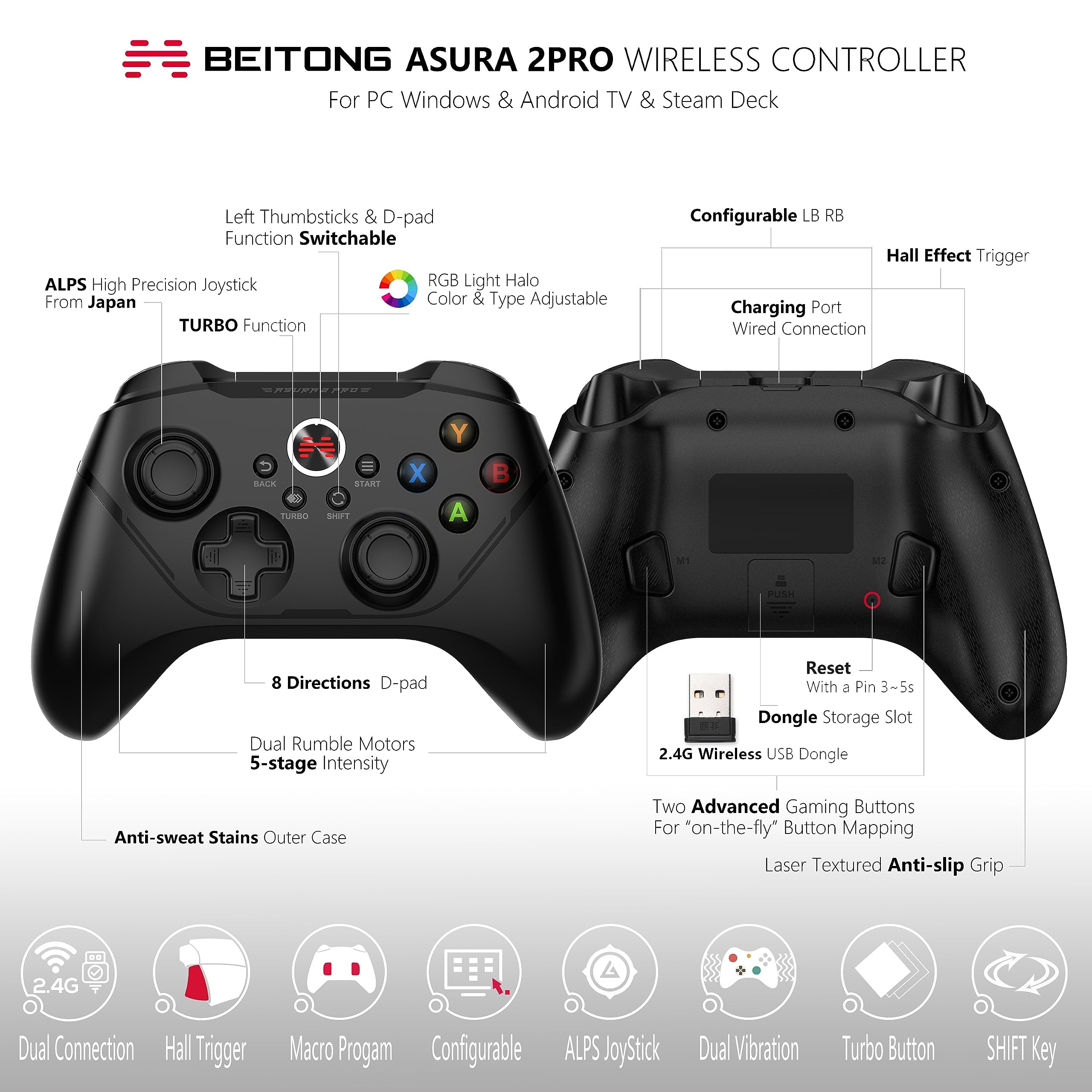 BEITONG Asura 2 Pro PC Gaming Controllers 2.4G Wireless Dual Vibrate Gamepad Joystick For Windows 7 8 10 11,Android TV,Steam,Simulater,Advanced M Buttons/Hall Effect Trigger (Black)