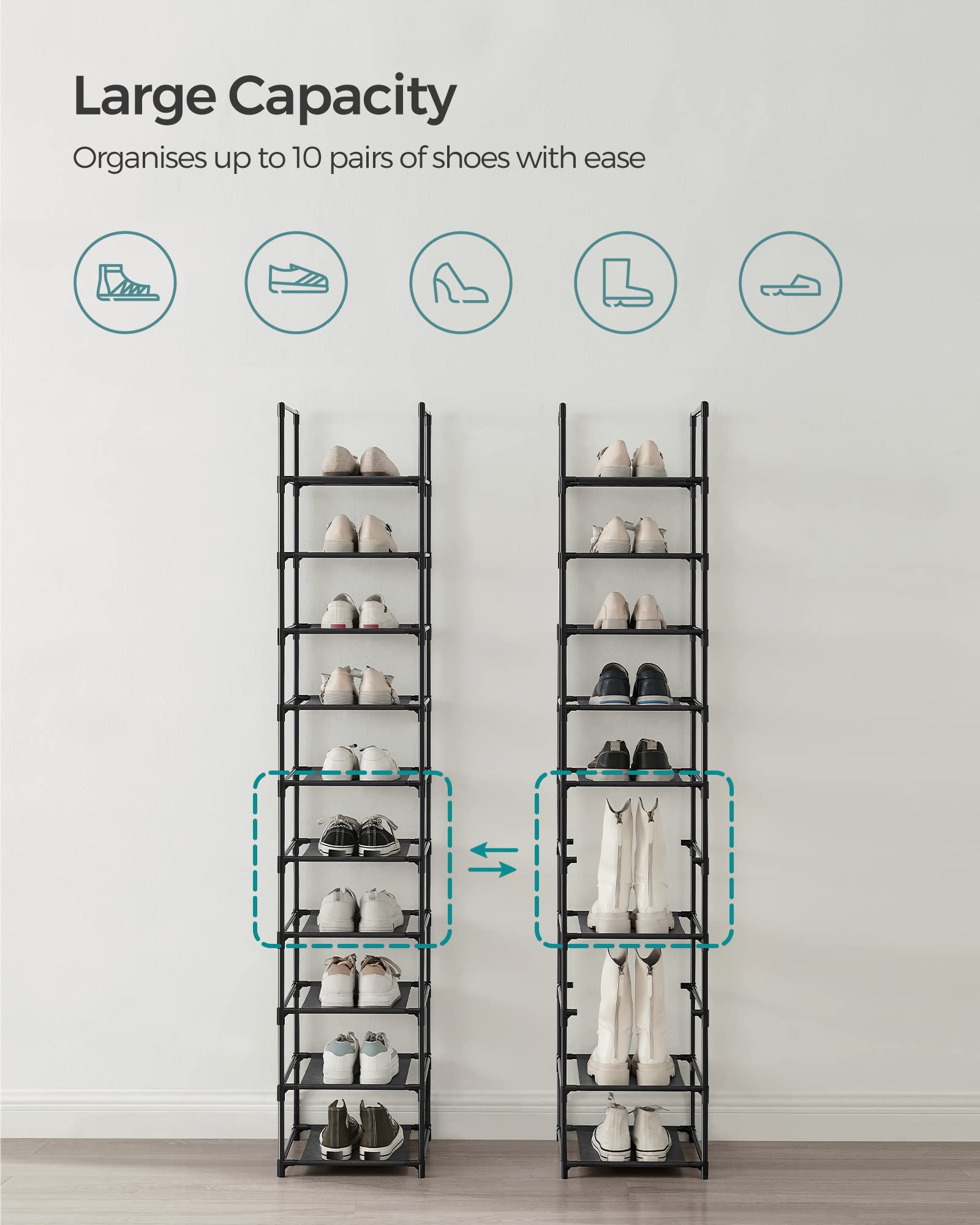 SONGMICS Shoe Rack, 10 Tier Shoe Shelf, Shoe Storage Organizer, Space-Saving, 13 x 13 x 68.1 Inches, Metal Frame, Non-Woven Fabric Shelves, for Entryway, Bedroom, Black ULSR110B02