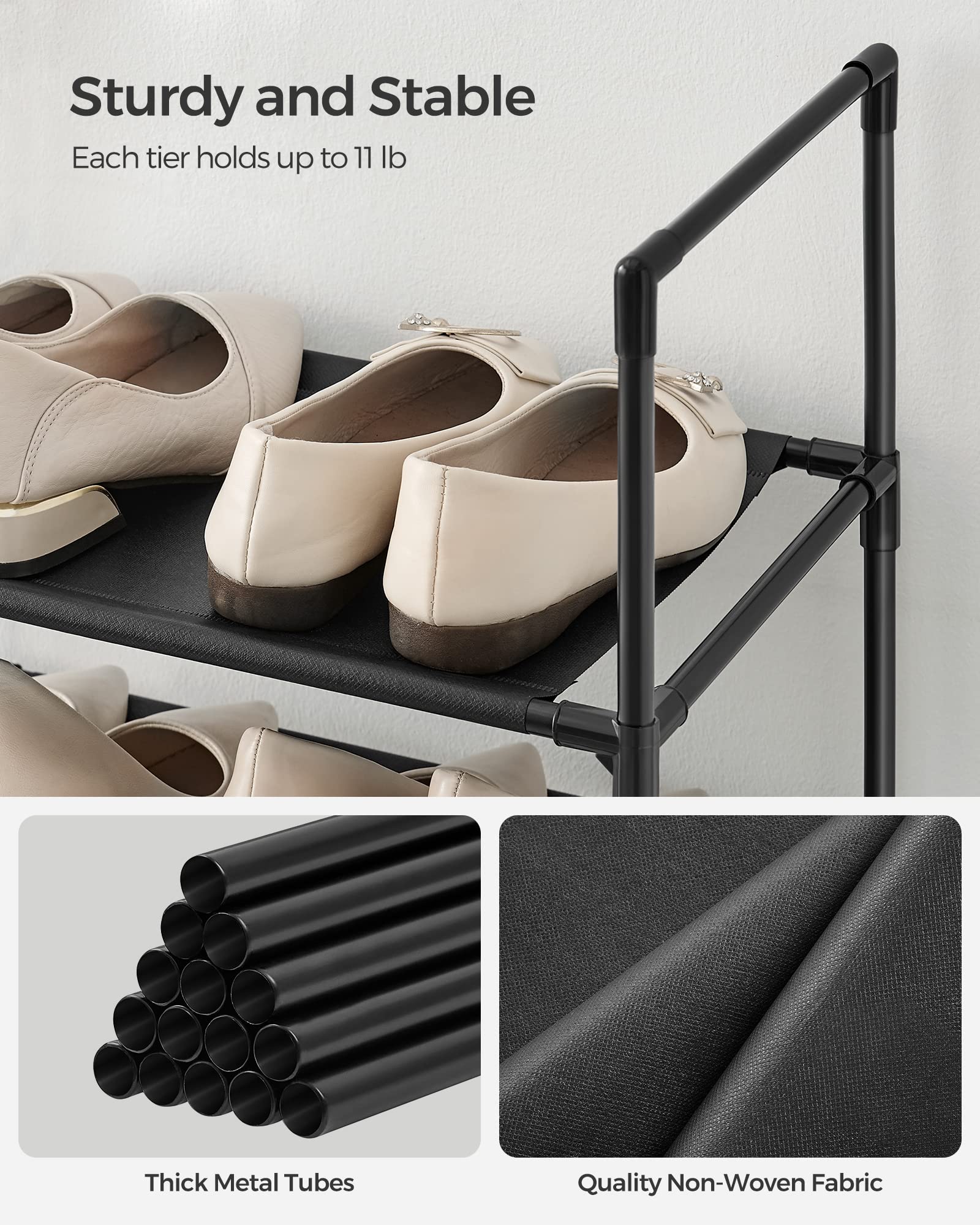 SONGMICS Shoe Rack, 10 Tier Shoe Shelf, Shoe Storage Organizer, Space-Saving, 13 x 13 x 68.1 Inches, Metal Frame, Non-Woven Fabric Shelves, for Entryway, Bedroom, Black ULSR110B02