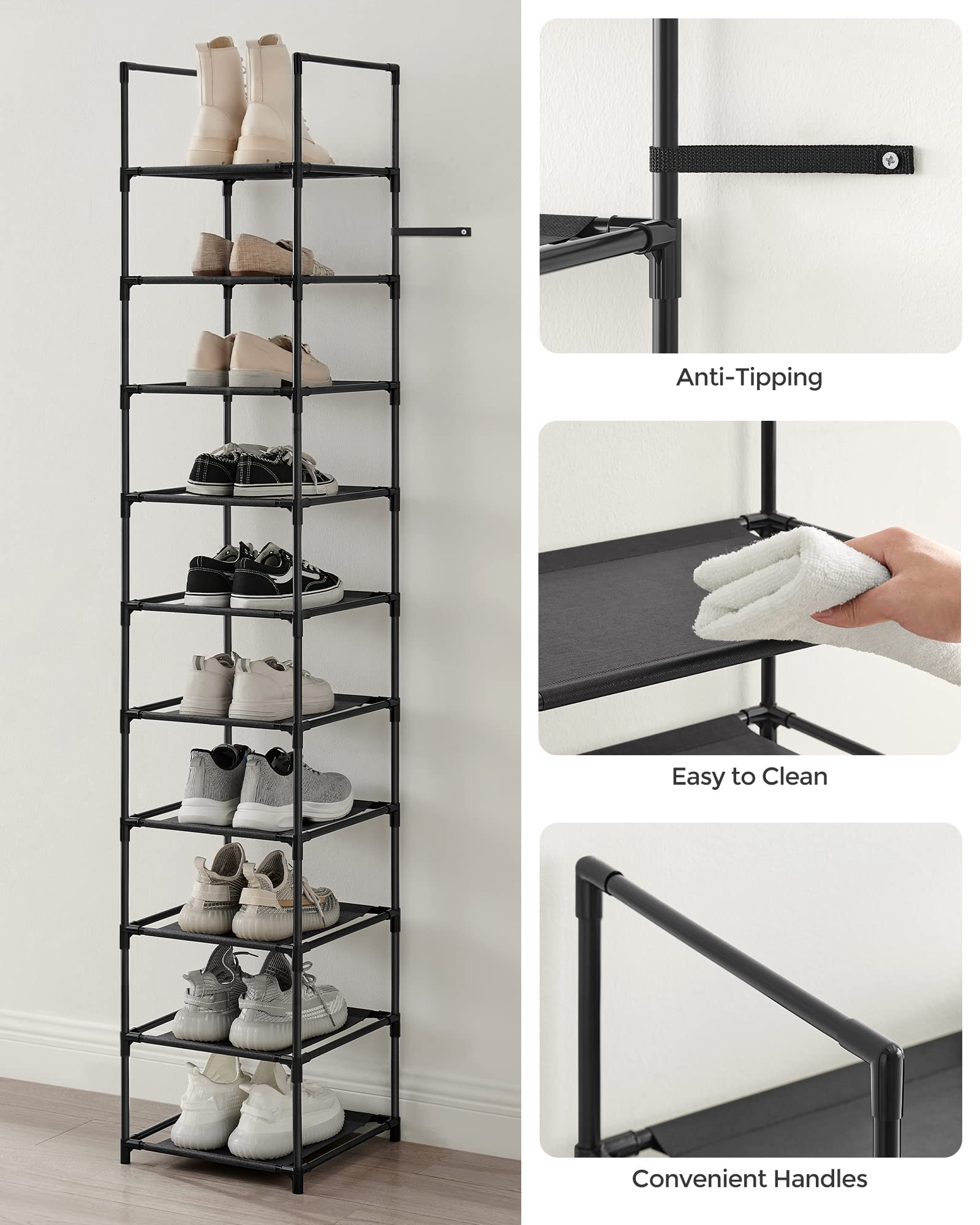 SONGMICS Shoe Rack, 10 Tier Shoe Shelf, Shoe Storage Organizer, Space-Saving, 13 x 13 x 68.1 Inches, Metal Frame, Non-Woven Fabric Shelves, for Entryway, Bedroom, Black ULSR110B02