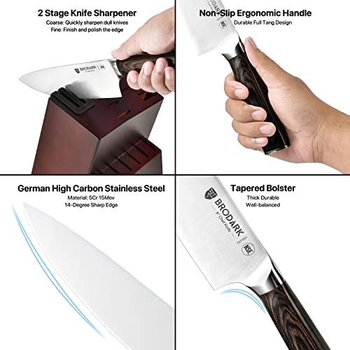 BRODARK Kitchen Knife Set with Block, Upgraded NSF (Food Safe) 15 PCS German Stainless Steel Professional Chef Knife Set with Knife Sharpener, Ultra Sharp Full Tang Knife Block Set, Best Gift