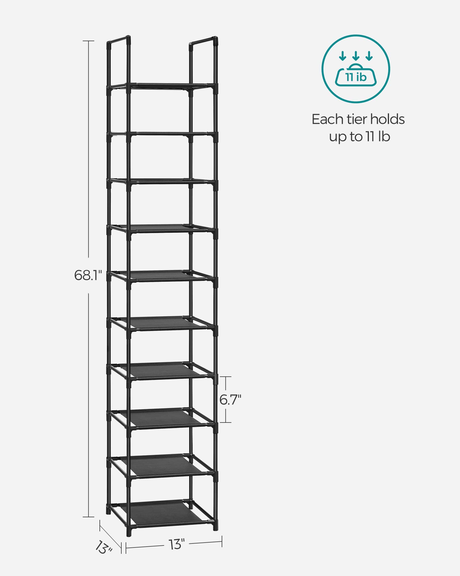 SONGMICS Shoe Rack, 10 Tier Shoe Shelf, Shoe Storage Organizer, Space-Saving, 13 x 13 x 68.1 Inches, Metal Frame, Non-Woven Fabric Shelves, for Entryway, Bedroom, Black ULSR110B02