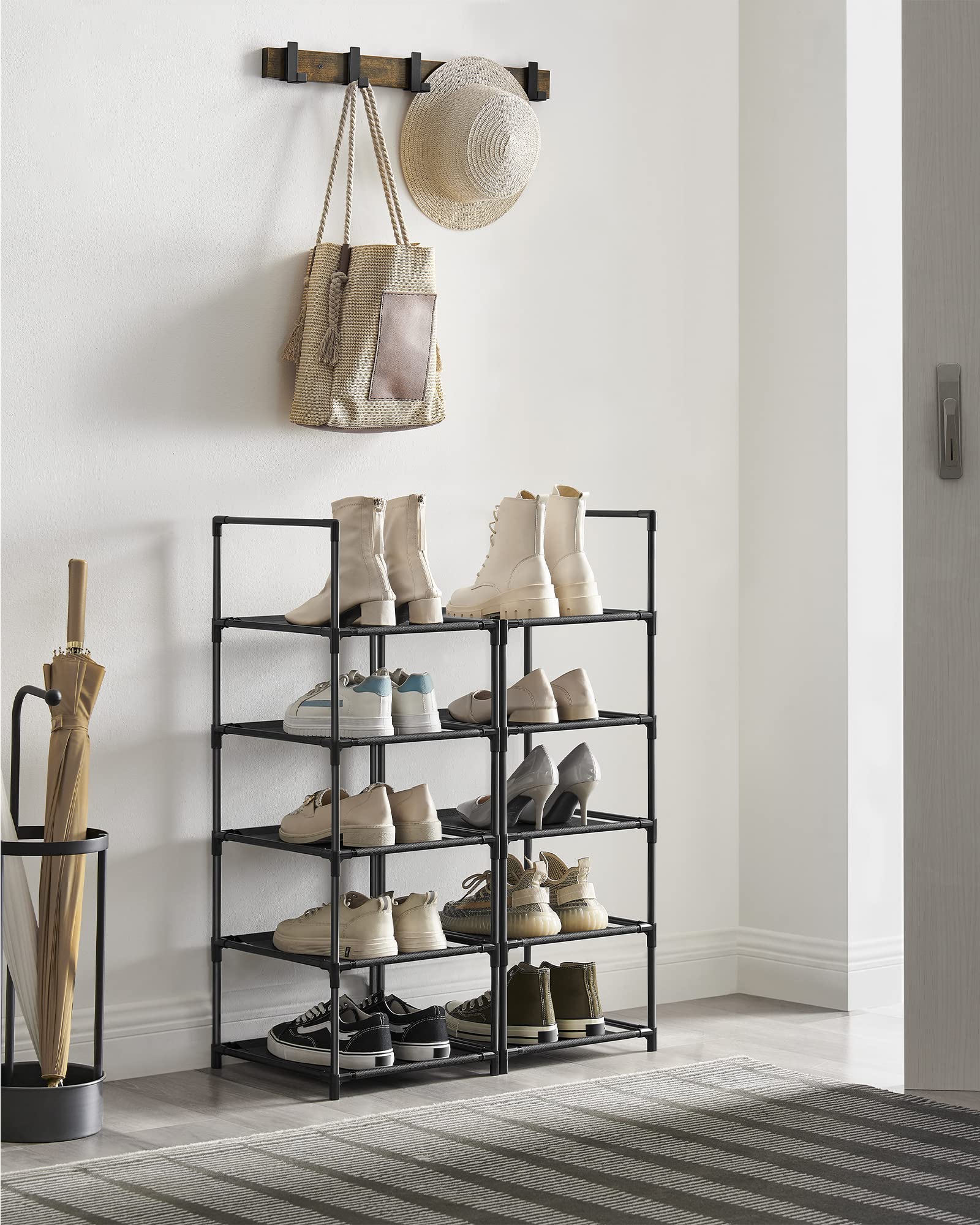 SONGMICS Shoe Rack, 10 Tier Shoe Shelf, Shoe Storage Organizer, Space-Saving, 13 x 13 x 68.1 Inches, Metal Frame, Non-Woven Fabric Shelves, for Entryway, Bedroom, Black ULSR110B02