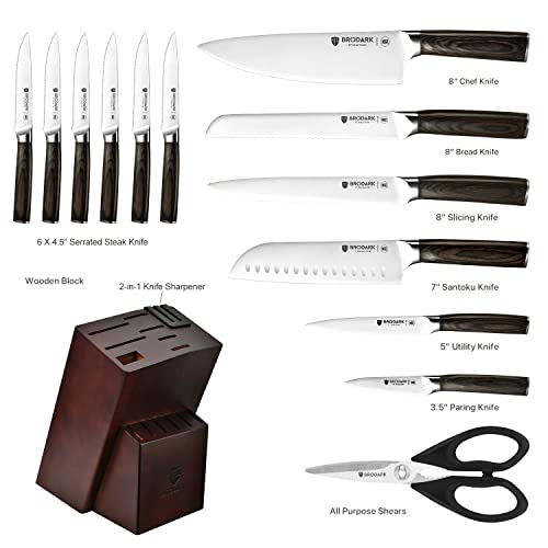 BRODARK Kitchen Knife Set with Block, Upgraded NSF (Food Safe) 15 PCS German Stainless Steel Professional Chef Knife Set with Knife Sharpener, Ultra Sharp Full Tang Knife Block Set, Best Gift