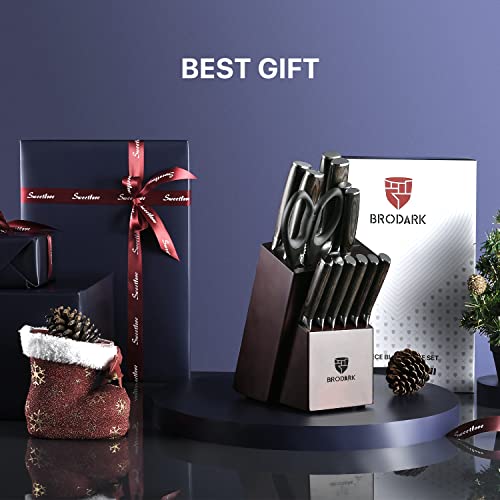BRODARK Kitchen Knife Set with Block, Upgraded NSF (Food Safe) 15 PCS German Stainless Steel Professional Chef Knife Set with Knife Sharpener, Ultra Sharp Full Tang Knife Block Set, Best Gift