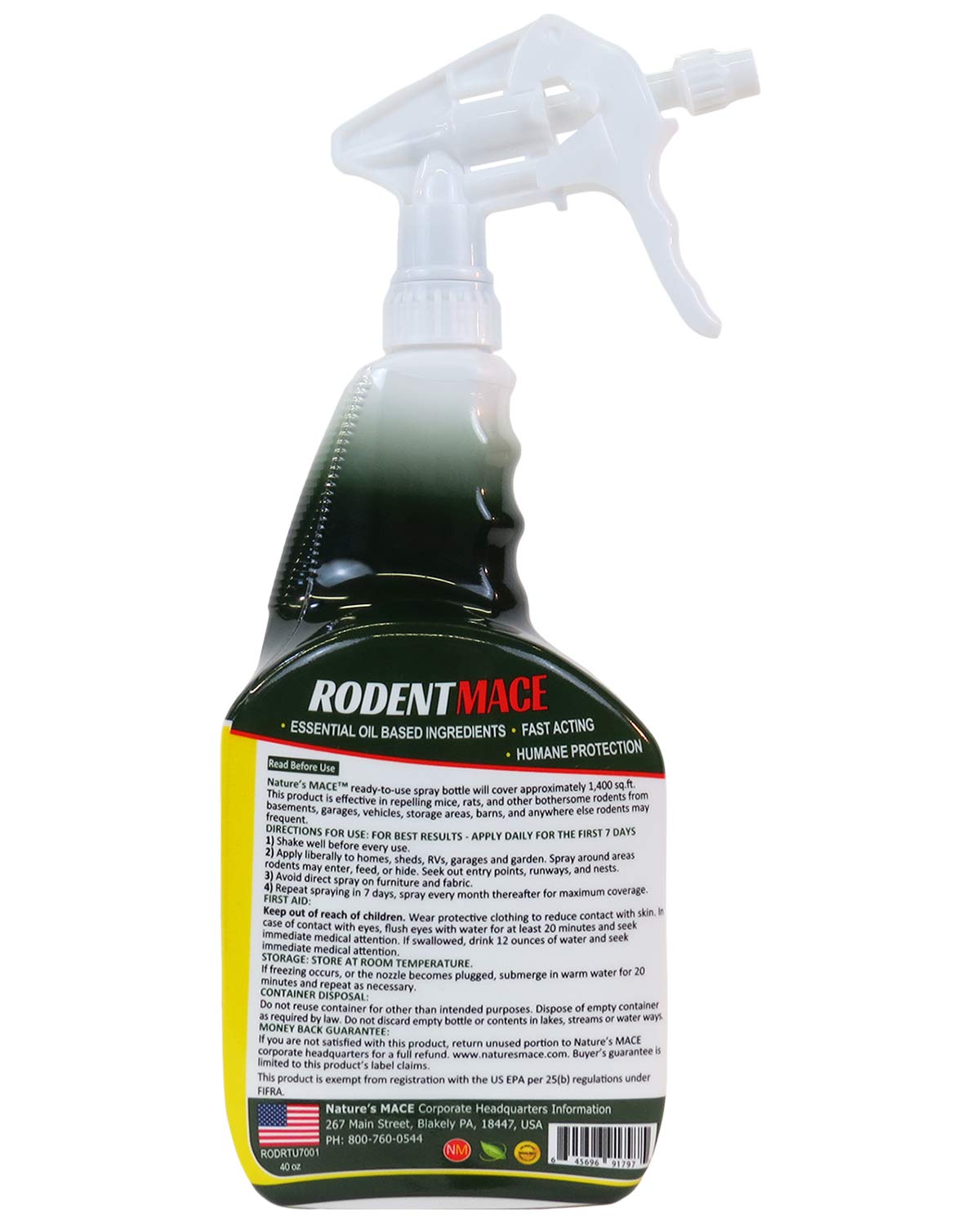 Nature's MACE 40oz Rodent Repellent Spray, Repel Mouse/Mice, Rats, Rodents, Indoor & Outdoor Spray Stops Rodent Damage in House, Car, RV, Storage, Attic, Garage, Stops Nesting & Wire Chewing